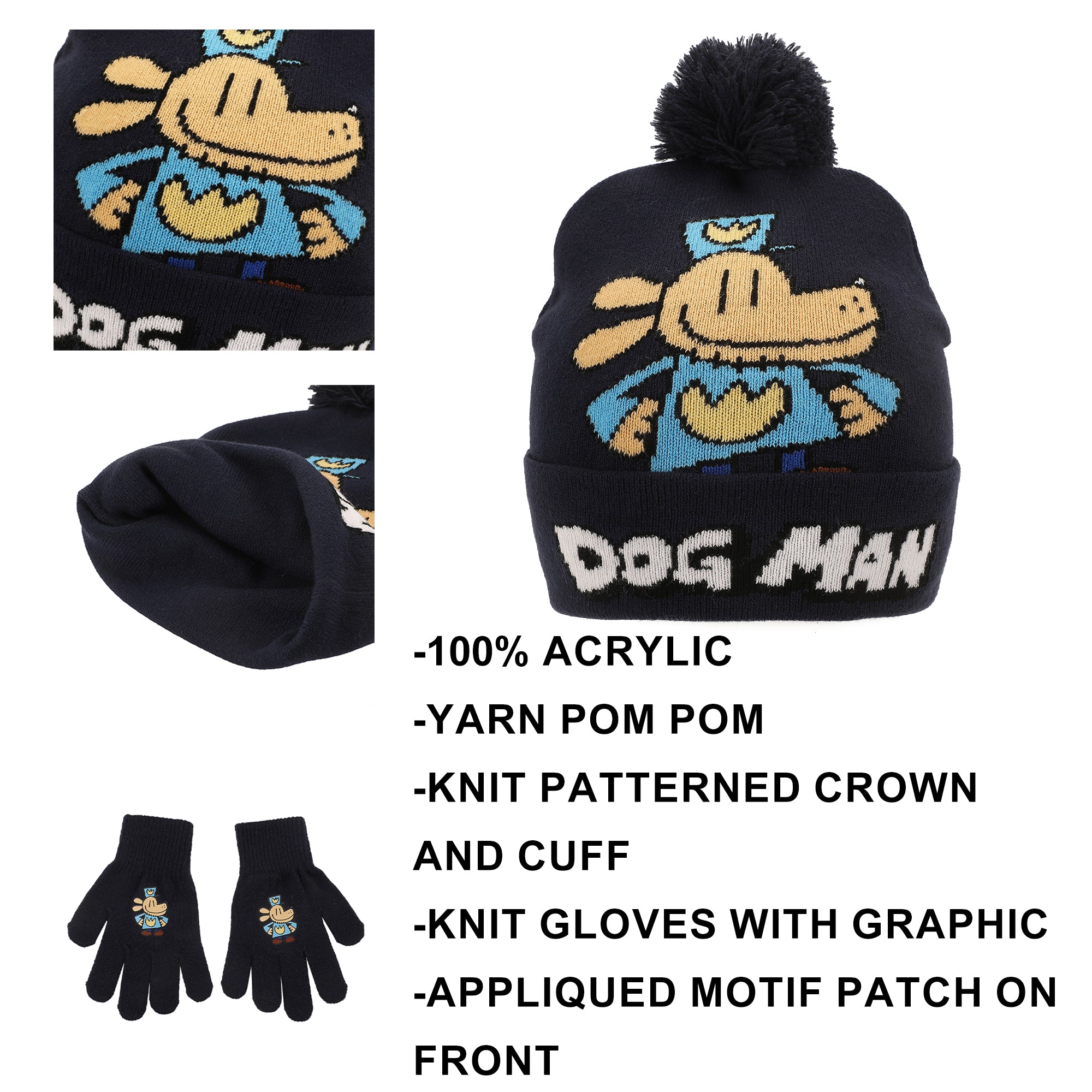 Dog Man Heroic Pose Youth 2-Piece Knit Beanie & Gloves Set – Bioworld