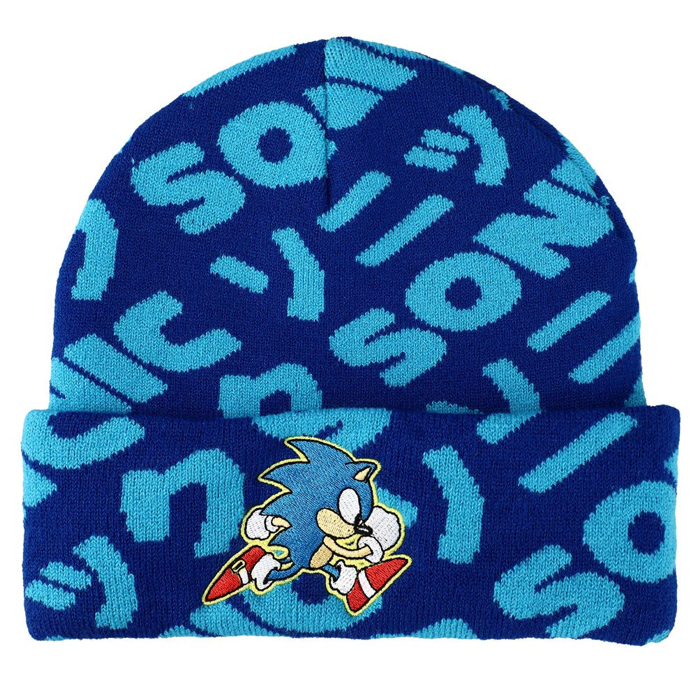 Sonic Flat Embroidery Blue AOP Jacquard Acrylic Knit Beanie – Bioworld
